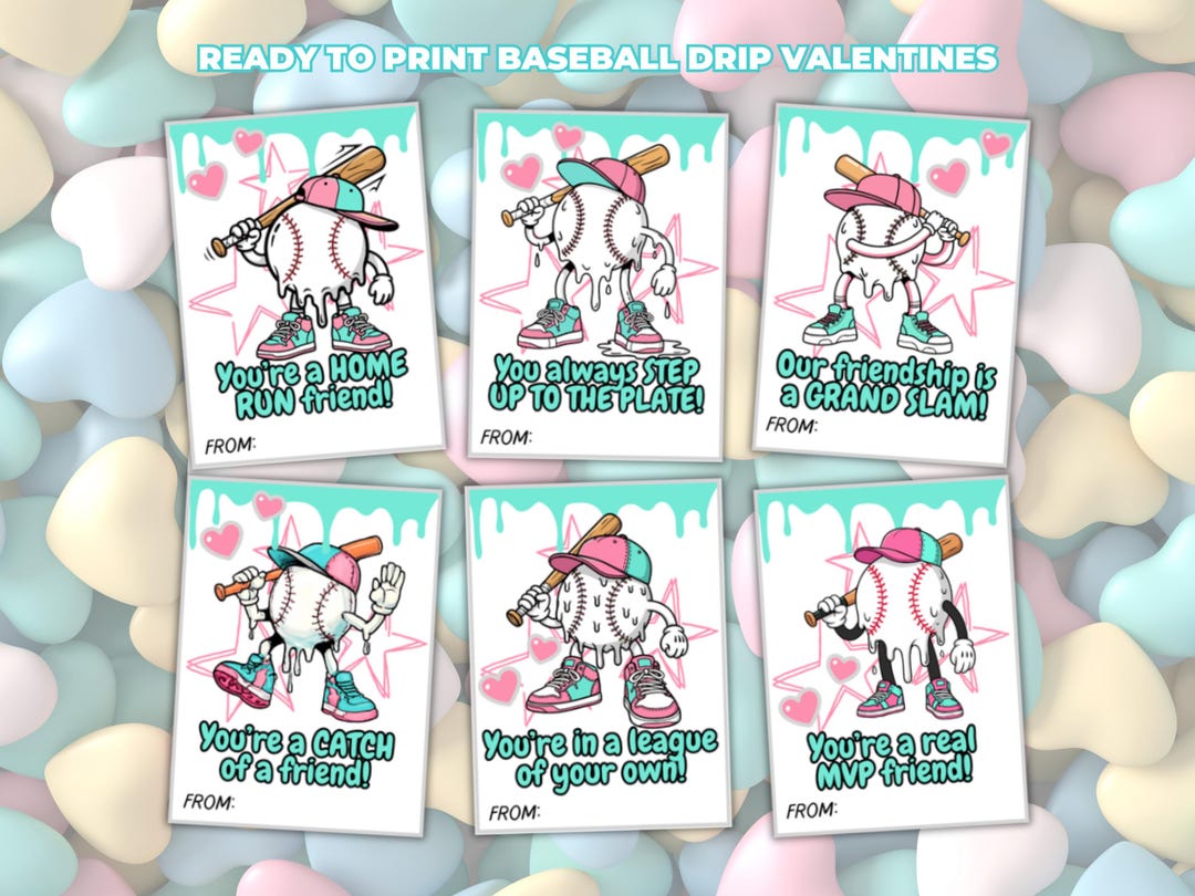 Baseball Drip Printable Valentines for Kids Dripped Out Baseball Cards ...