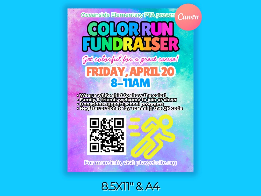 Color Run Fundraiser Flyer Template Editable PTA PTO School Fun Run ...