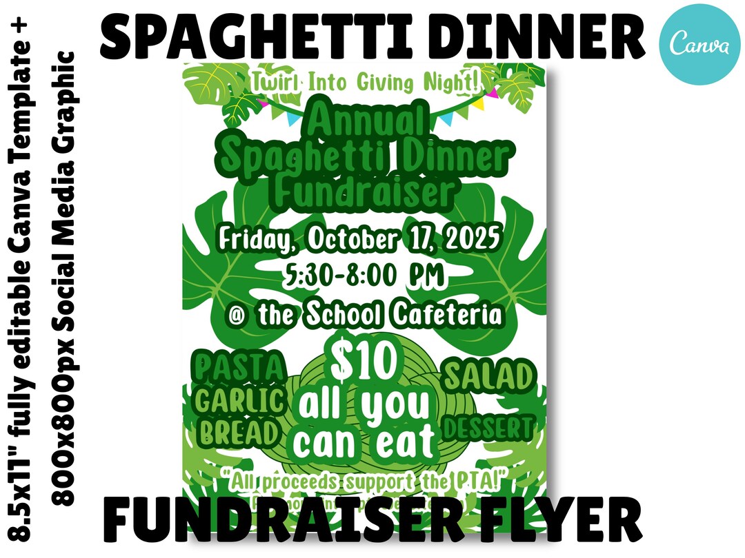 Spaghetti Dinner Fundraiser Flyer Template Editable Canva PTA PTO ...