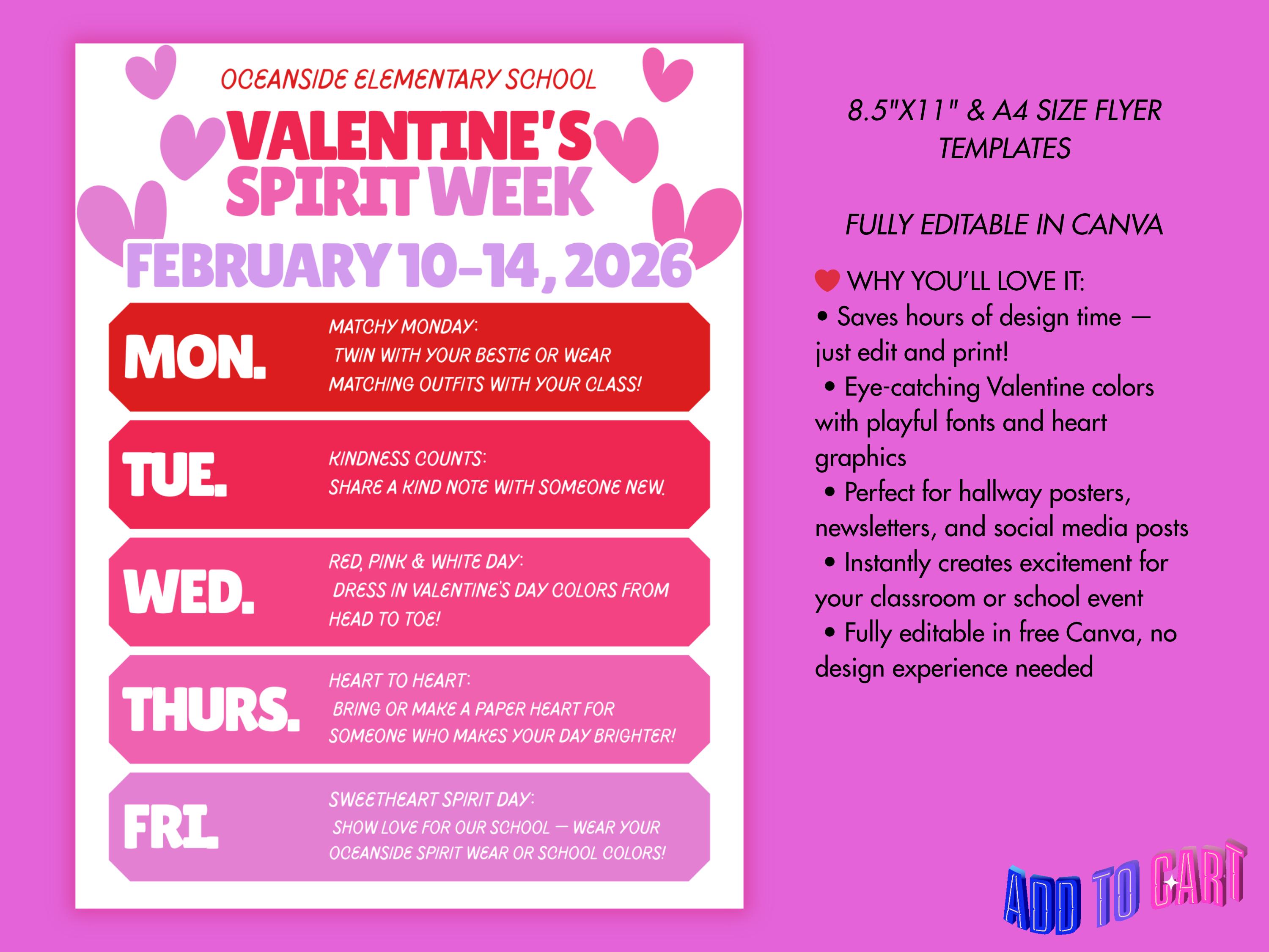Valentines Spirit Week Flyer Canva Template School Dress up Days PTA ...