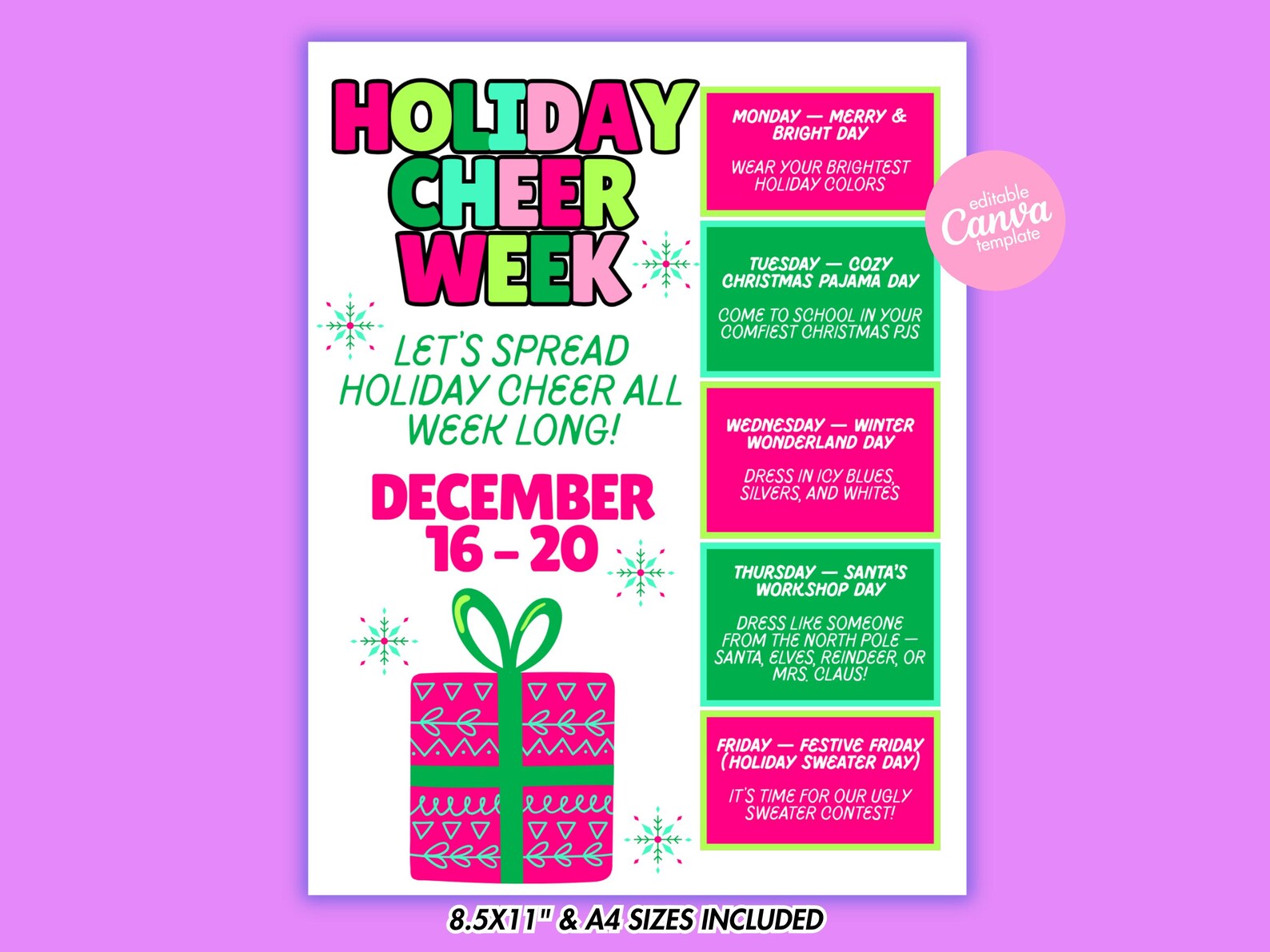 Editable Holiday Spirit Week Flyer Canva Template Christmas Dress up ...