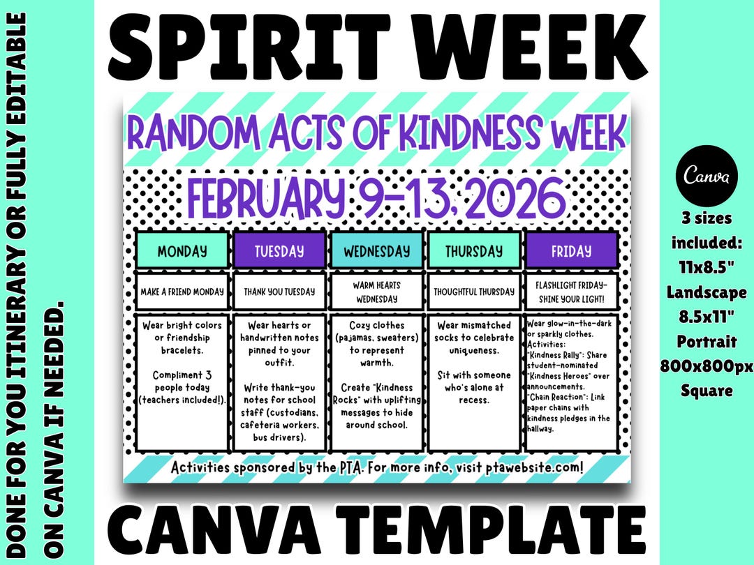 Random Acts of Kindness Week Spirit Week Flyer Canva Template Editable ...