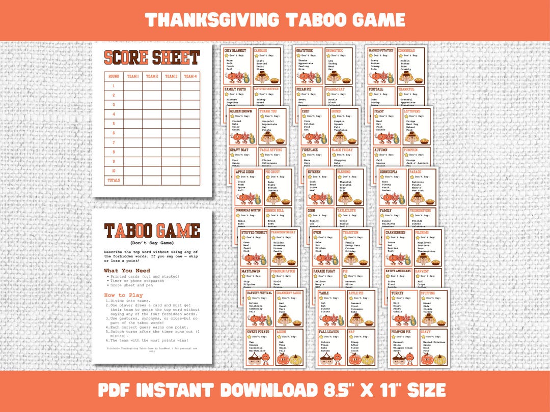 Thanksgiving Taboo Game Printable Dont Say Thanksgiving Party Classroom ...