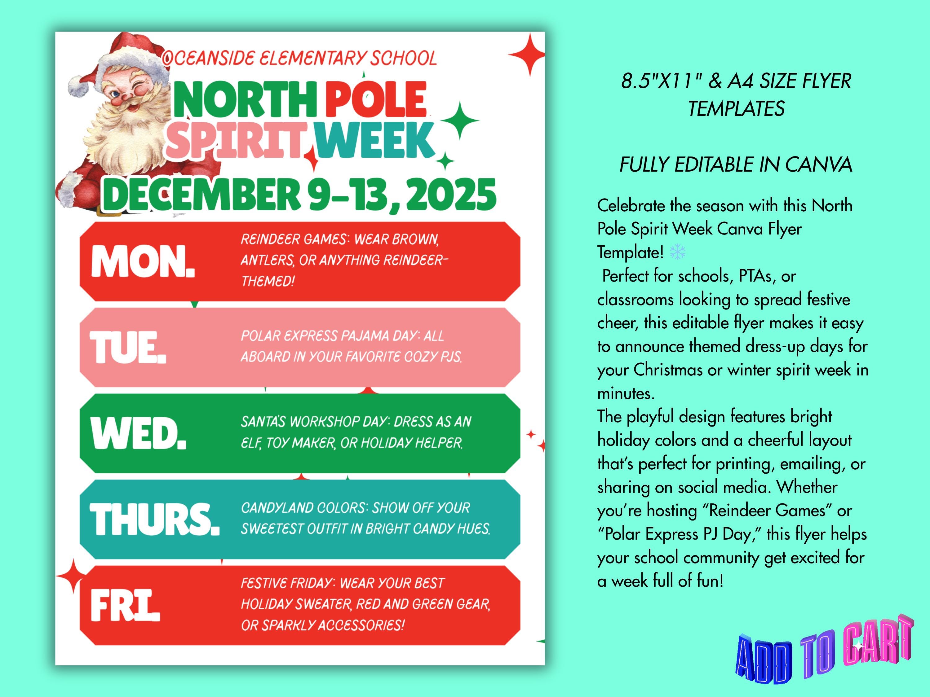 North Pole Spirit Week Flyer Canva Template Christmas School Dress up ...