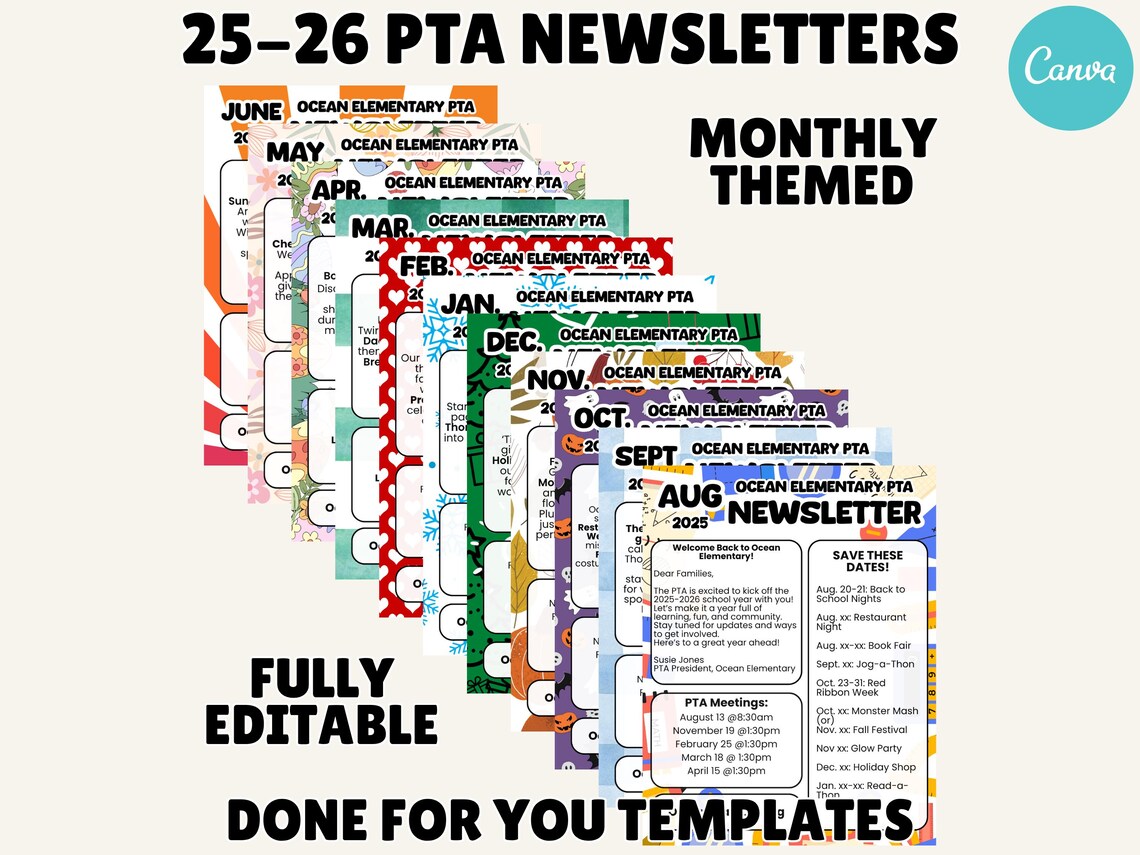 2025-2026 PTA Newsletter Canva Templates - Year-round Themed Designs ...