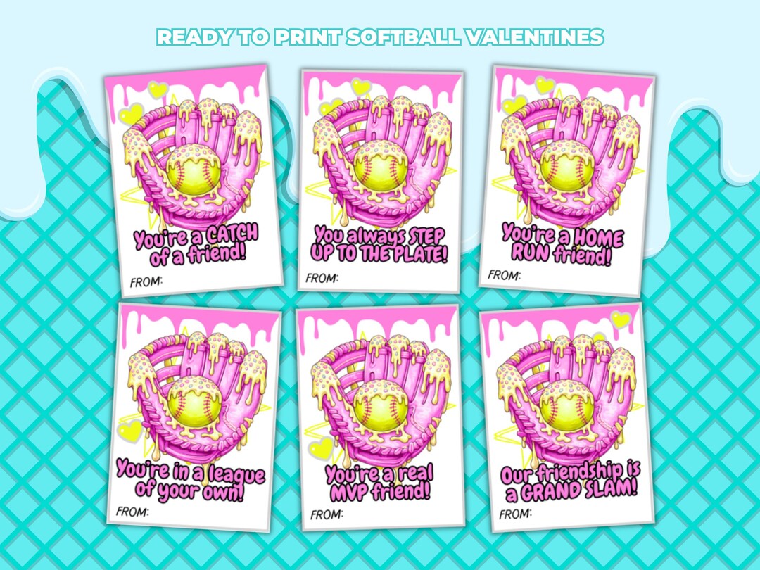 Softball Valentine Cards Printable for Girls Drip Fastpitch Theme Pink ...