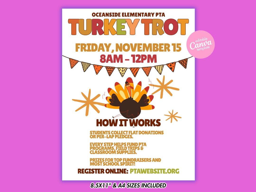 Turkey Trot Jog A Thon Flyer Canva Template Editable School Fundraiser ...