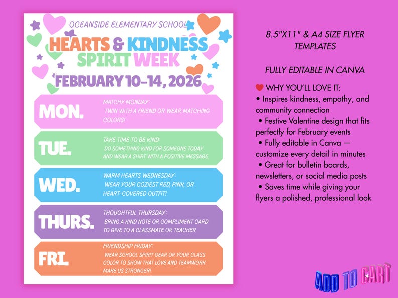 Hearts and Kindness Spirit Week Flyer Canva Template Valentines School ...
