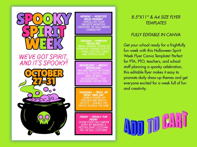Halloween Spirit Week Flyer Editable Canva Template School Dress up ...