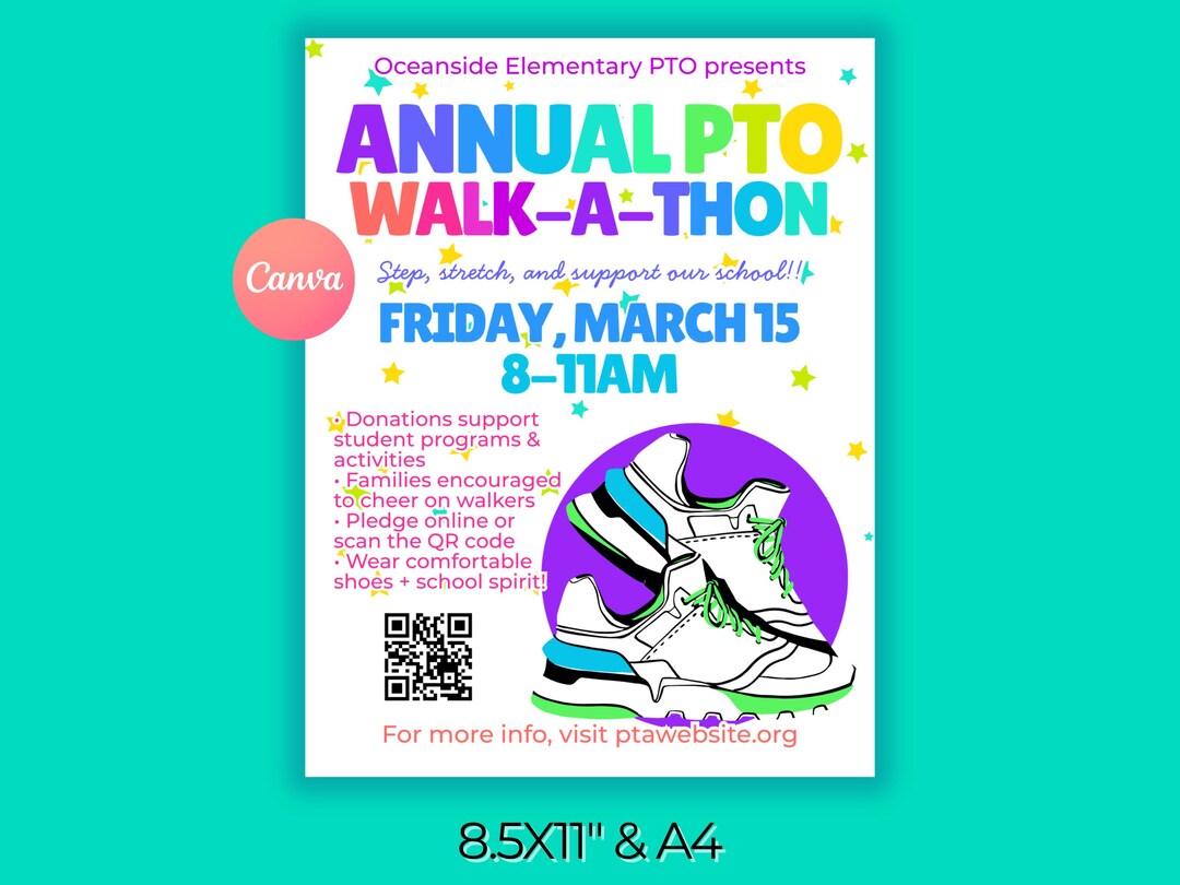 PTO Walkathon Flyer Template Editable PTA Walk A Thon Fundraiser School ...