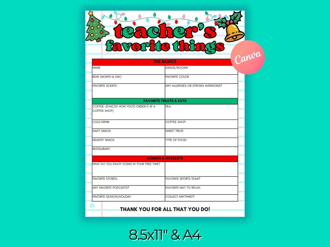 Teachers Favorite Things Survey Christmas Template Canva Editable Gift ...