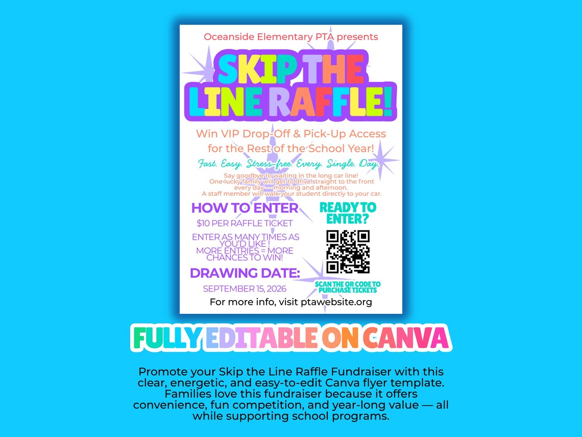 Skip the Line Raffle Fundraiser Flyer Template Editable PTA PTO School ...