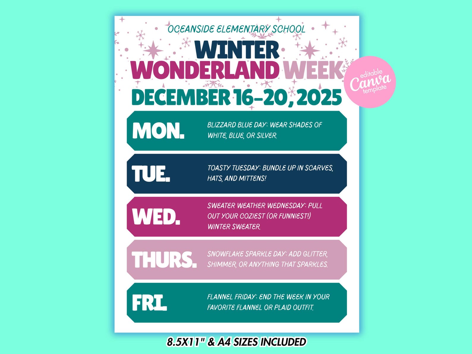 Winter Wonderland Spirit Week Flyer Canva Template Snow Day School ...