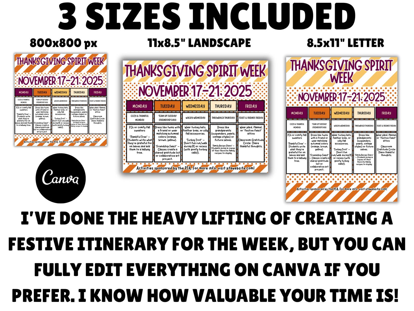 Editable Thanksgiving Spirit Week Flyer Canva Template Fall School ...