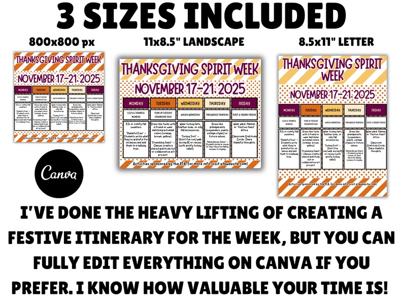 Editable Thanksgiving Spirit Week Flyer Canva Template Fall School ...