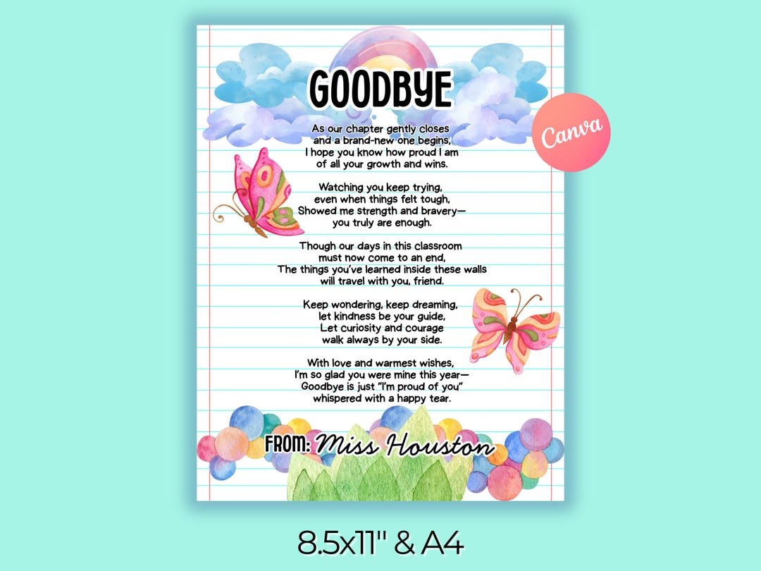 Teacher Goodbye Poem Printable End of School Year Gift From Teacher to ...