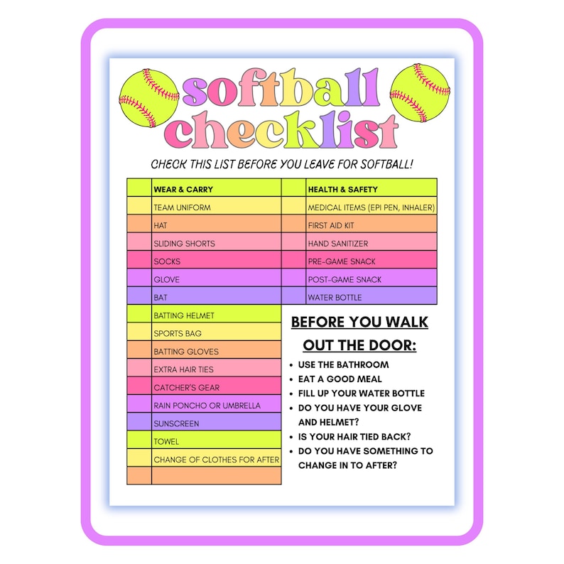 Softball Game Day Checklist Printable Editable Canva Template Girls ...