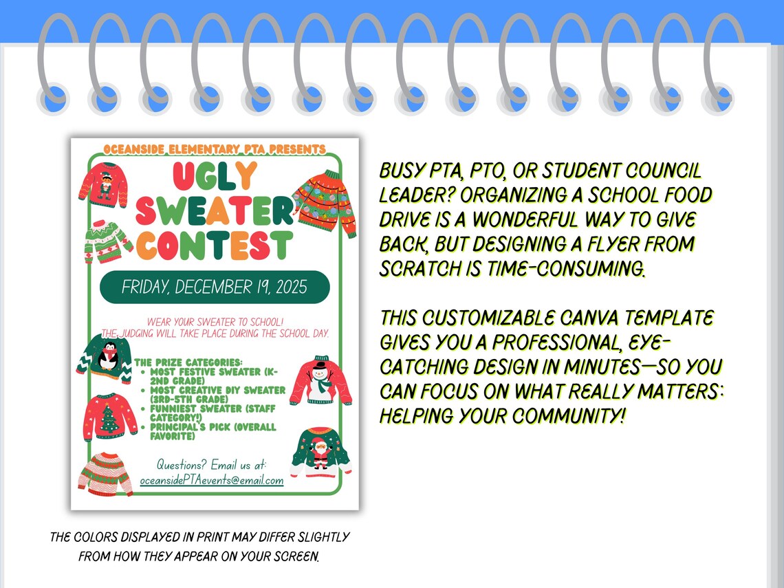 Ugly Sweater Contest Flyer Template: Editable PTO PTA School Event ...