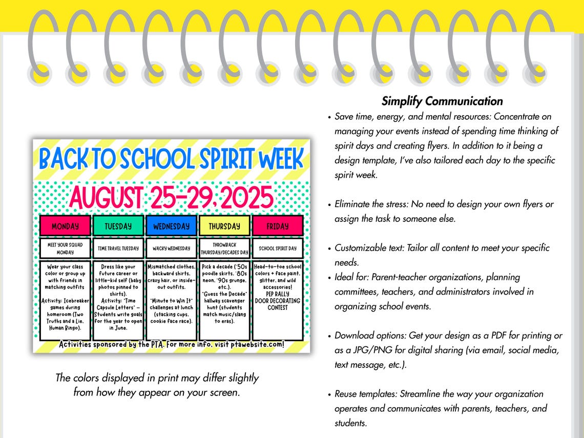 Back to School Spirit Week Flyer Editable Canva Template Bundle PTA PTO ...