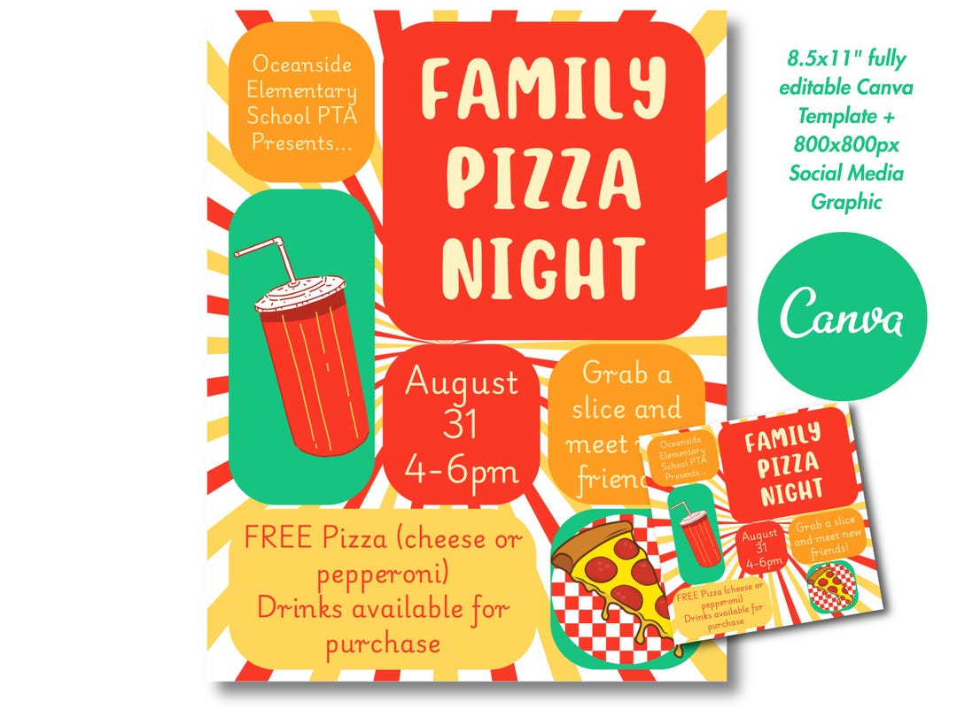 Editable Family Pizza Night Flyer & Social Media Canva Template | PTA ...
