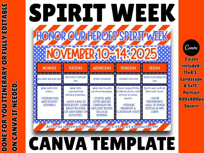 Veterans Spirit Week Canva Template: PTA/PTO Flyer Kit (digital ...