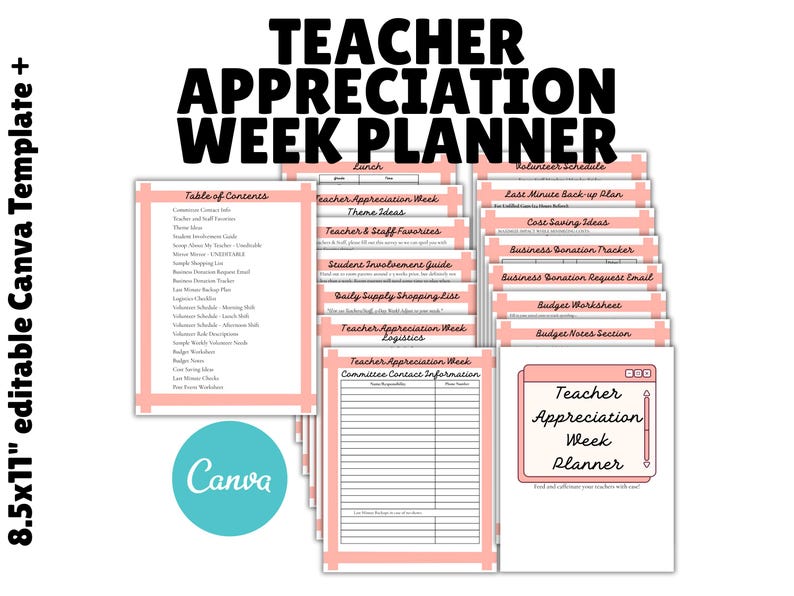 Teacher Appreciation Week Planner Template Editable Canva PTA PTO Room ...