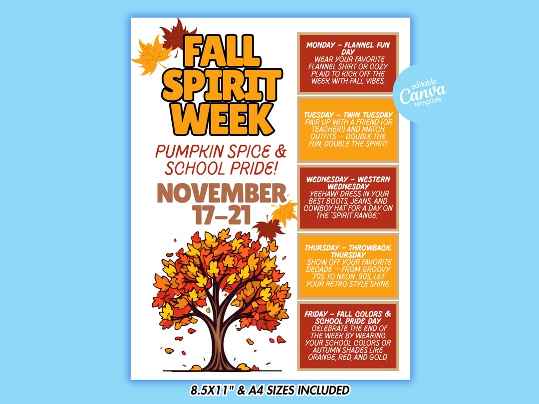 Fall Spirit Week Flyer Editable Canva Template High School Dress up ...