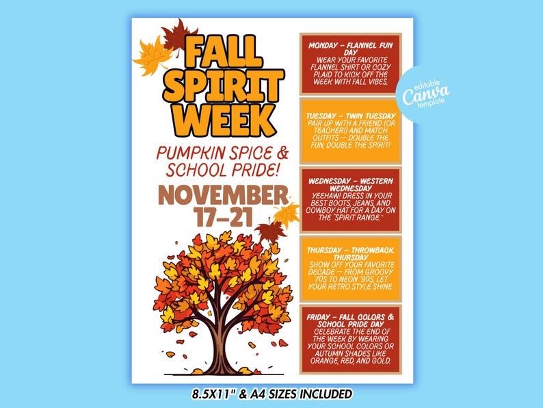 Fall Spirit Week Flyer Editable Canva Template High School Dress up ...