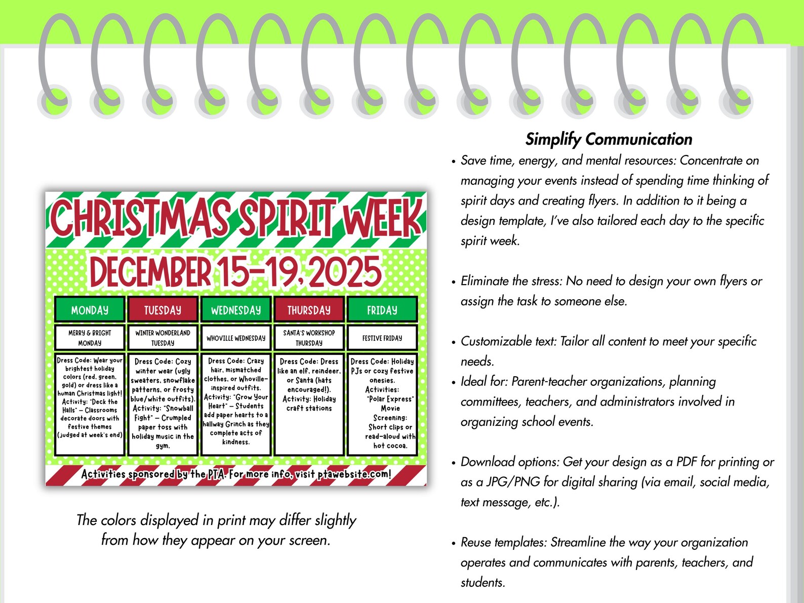 Christmas Spirit Week Flyer | Editable Holiday Canva Templates | PTA ...