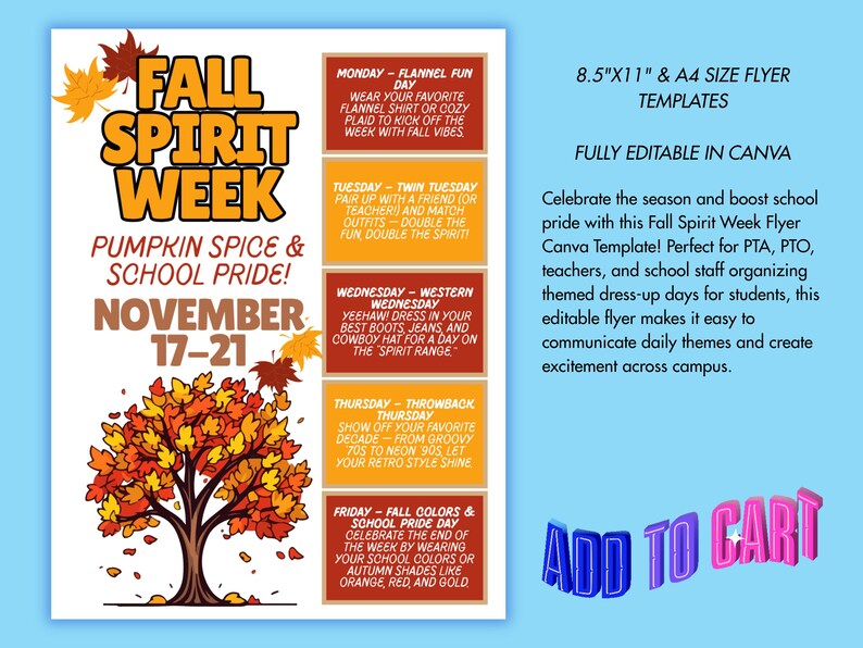 Fall Spirit Week Flyer Editable Canva Template High School Dress up ...