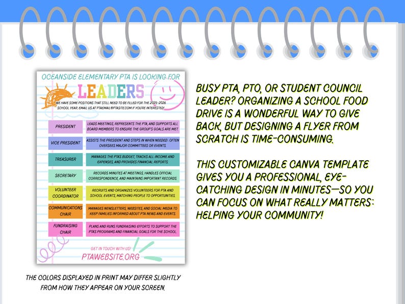 PTA Role Descriptions Template Editable Canva Board Member PTO ...