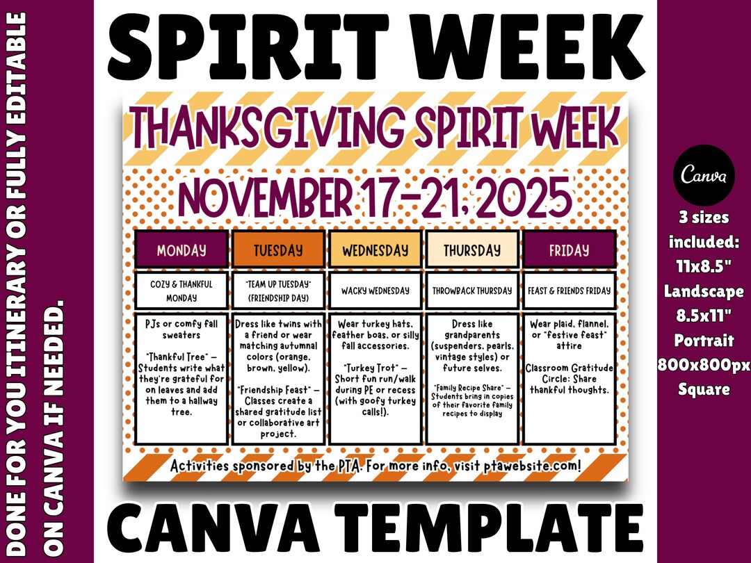 Editable Thanksgiving Spirit Week Flyer Canva Template Fall School ...