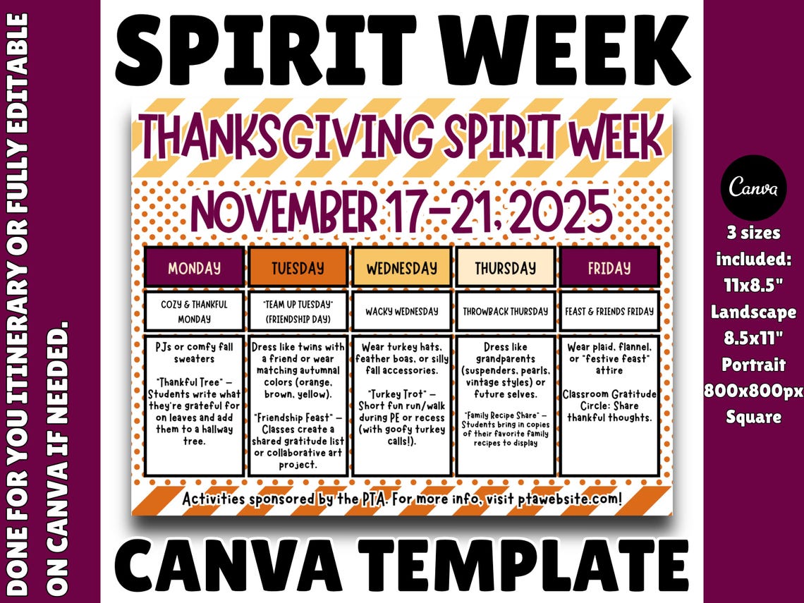 Editable Thanksgiving Spirit Week Flyer Canva Template Fall School ...
