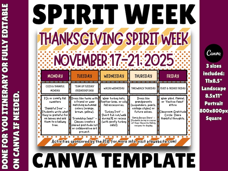 Editable Thanksgiving Spirit Week Flyer Canva Template Fall School ...