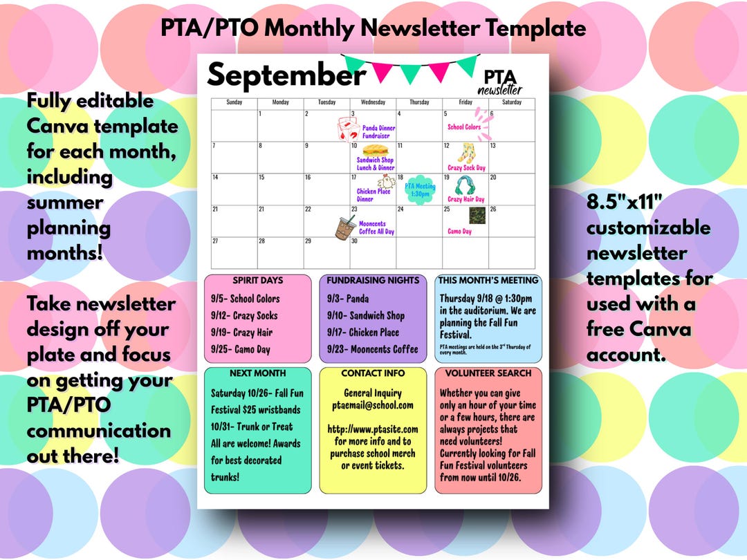 PTA PTO Newsletter Template Bundle Editable Monthly School ...