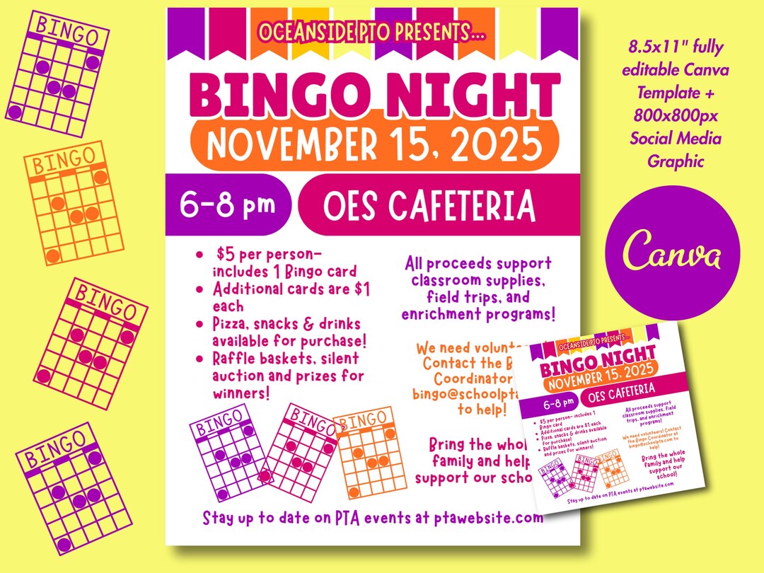 Bingo Night Flyer Canva Template | Editable 8.5x11 PTA PTO Event Flyer ...
