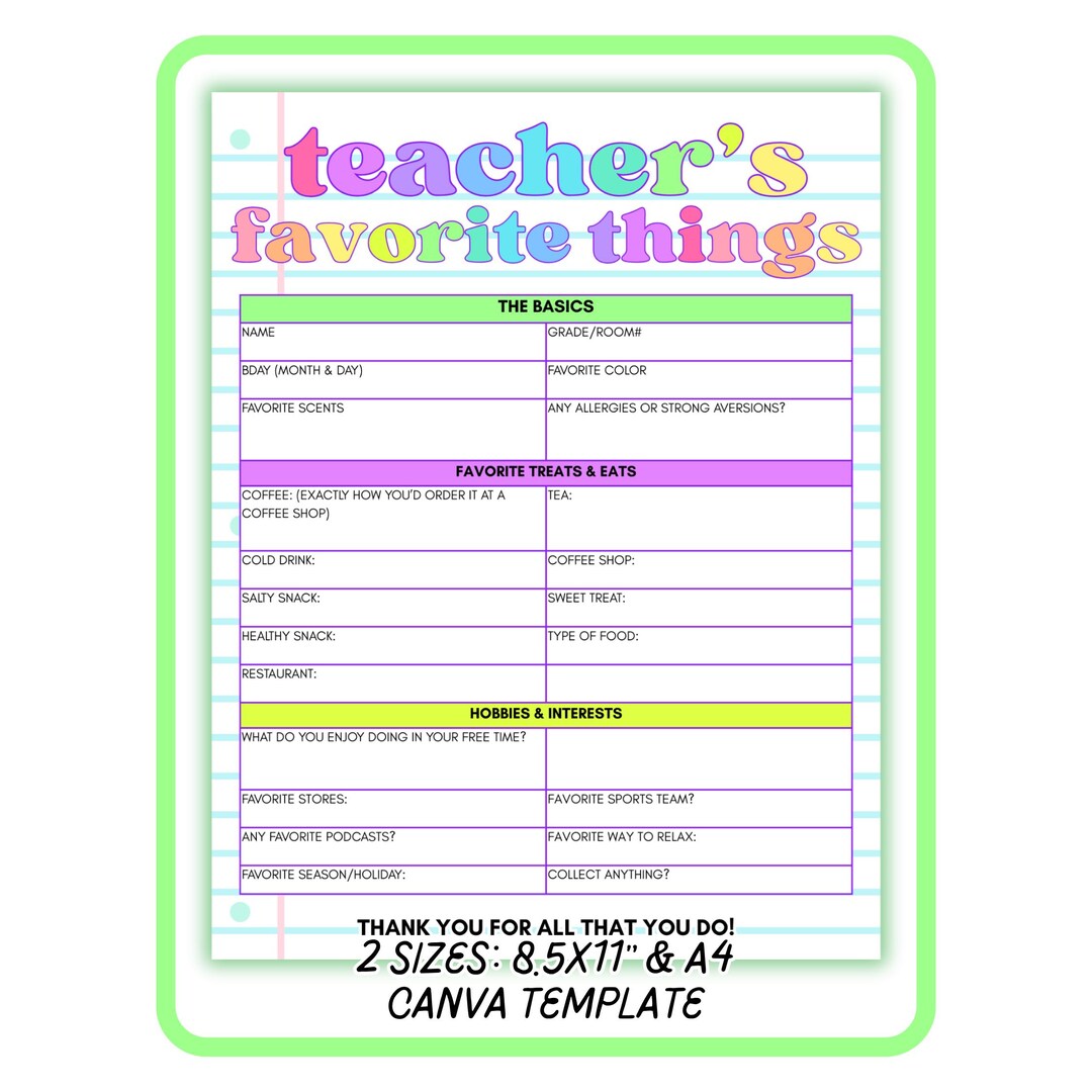 Editable Teacher Favorite Things Survey Canva Template | All About My ...