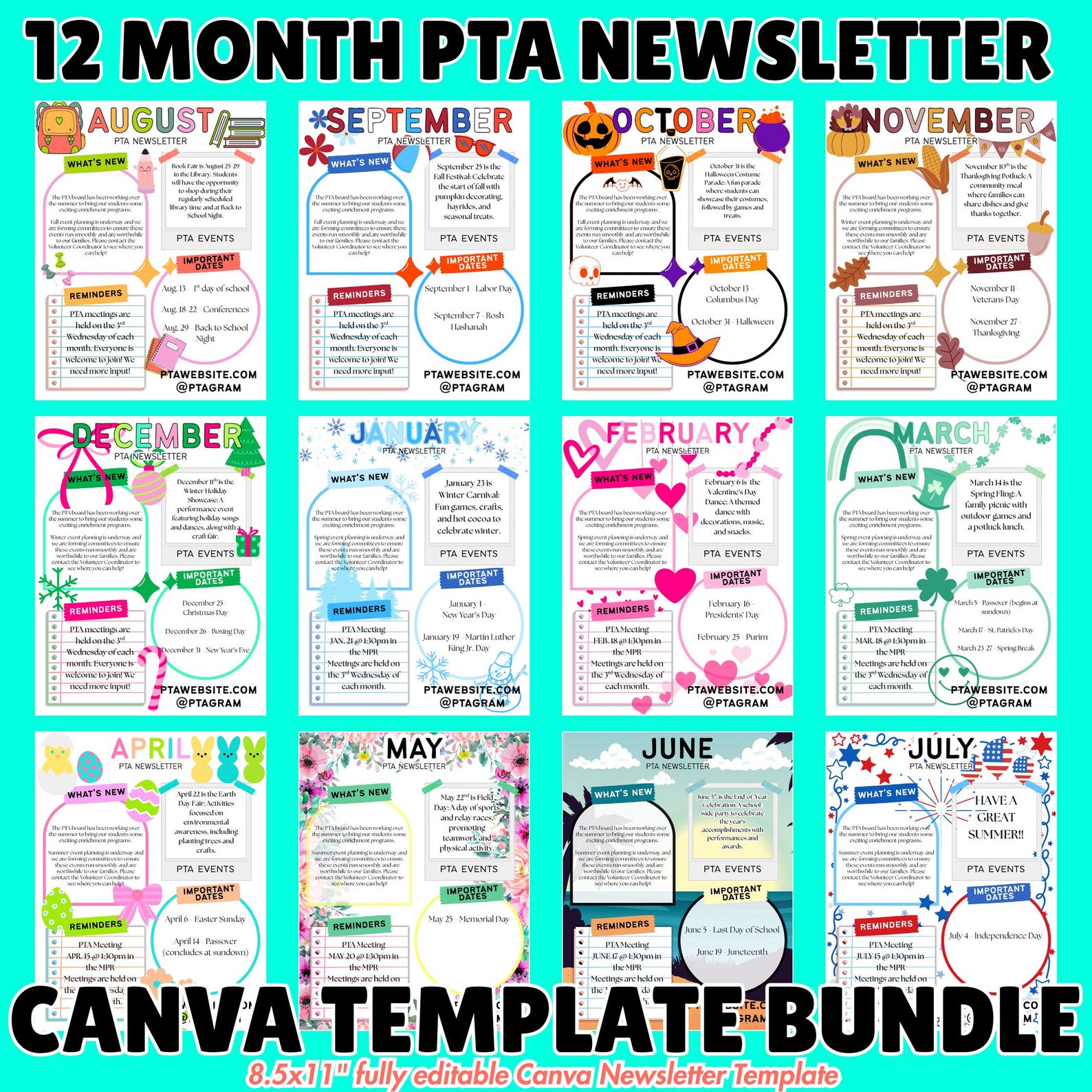 Monthly School Newsletter Canva Templates Editable Twelve Themed PTA ...
