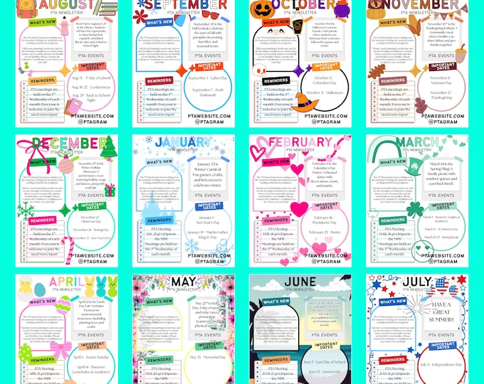 Monthly School Newsletter Canva Templates Editable Twelve Themed PTA ...