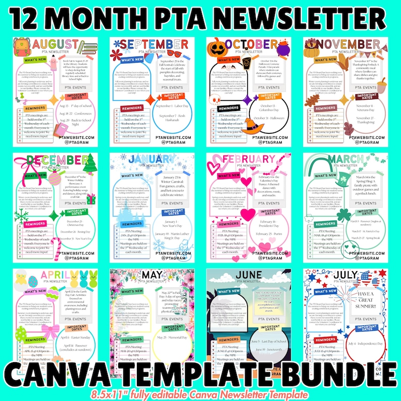 Monthly School Newsletter Canva Templates Editable Twelve Themed PTA ...