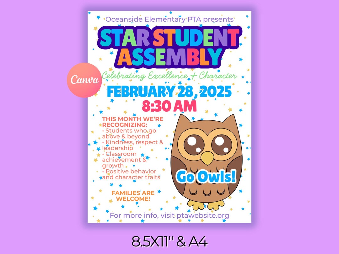 Star Student Assembly Flyer Canva Template Monthly Student Recognition ...
