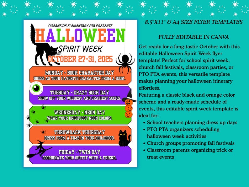 Editable Halloween Spirit Week Flyer Canva Template | School, PTA, PTO ...