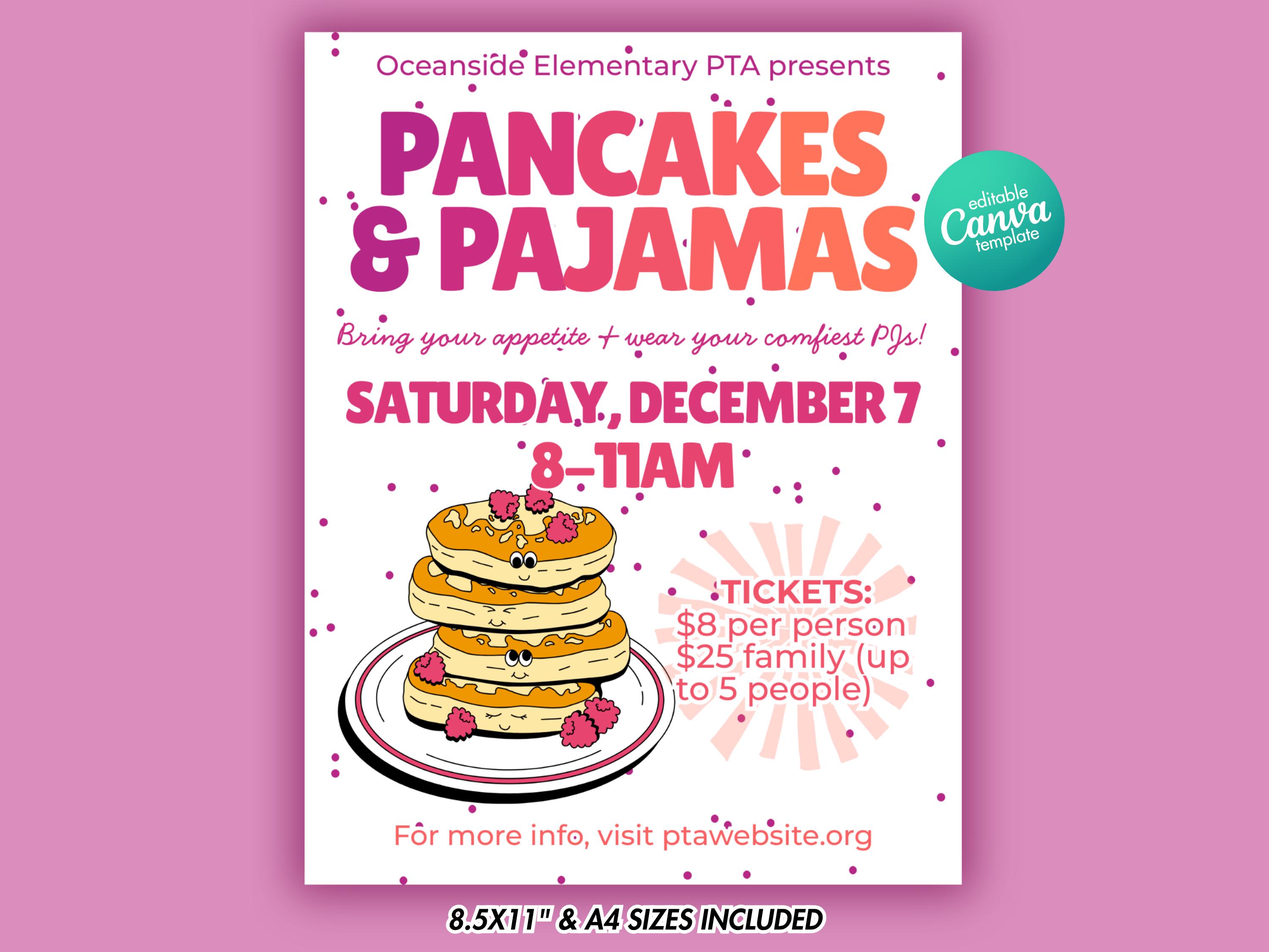 Pancakes and Pajamas Breakfast Fundraiser Flyer Template Canva School ...