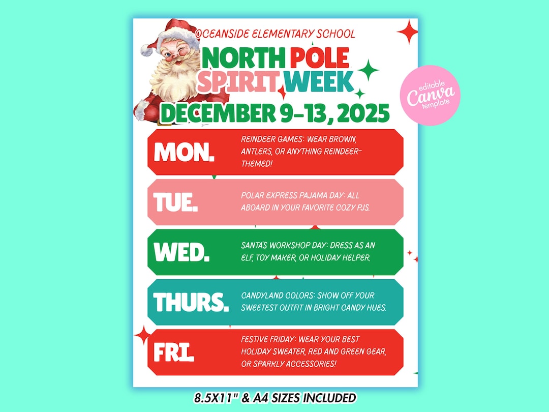 North Pole Spirit Week Flyer Canva Template Christmas School Dress up ...