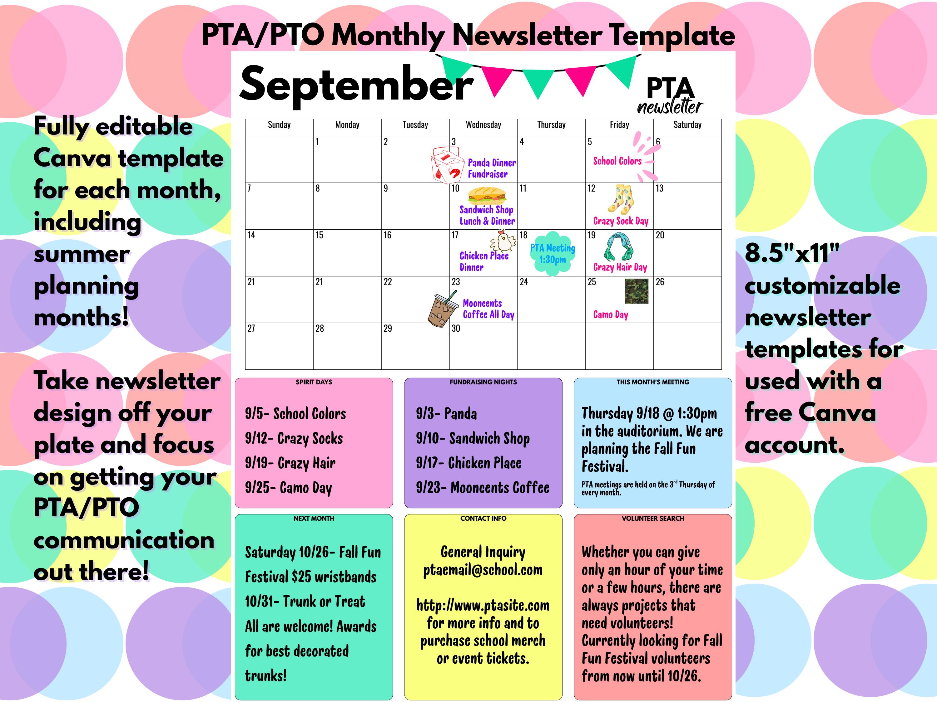 PTA PTO Newsletter Template Bundle Editable Monthly School ...