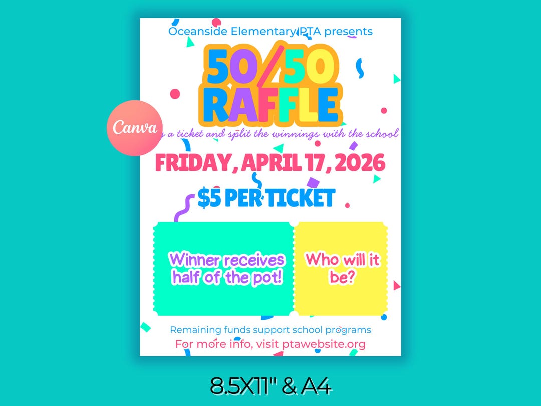 50/50 Raffle Flyer Template School Fundraiser Event PTA PTO Booster ...