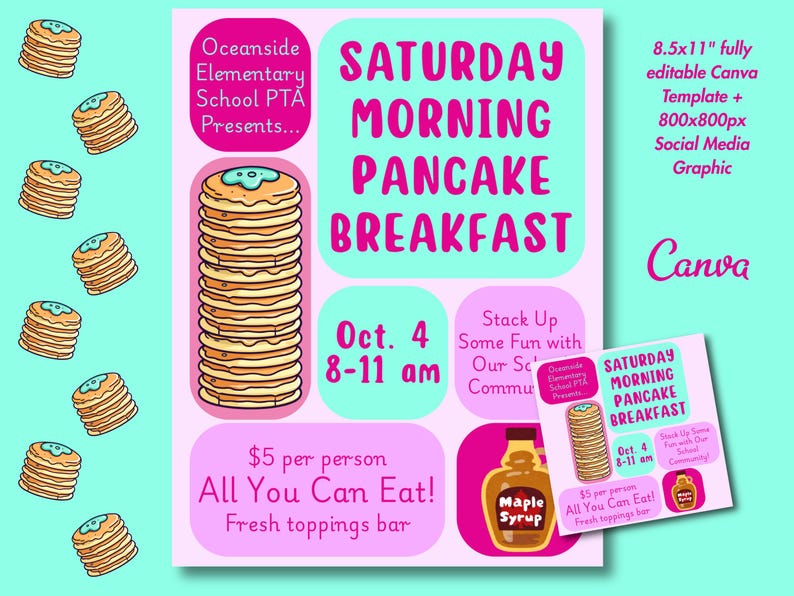 Editable Pancake Breakfast Flyer & Social Media Canva Template | PTA ...