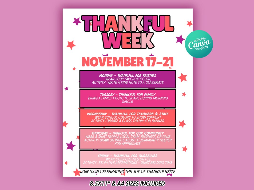 Thankful Week Spirit Week Flyer Template Editable Canva Gratitude Theme ...
