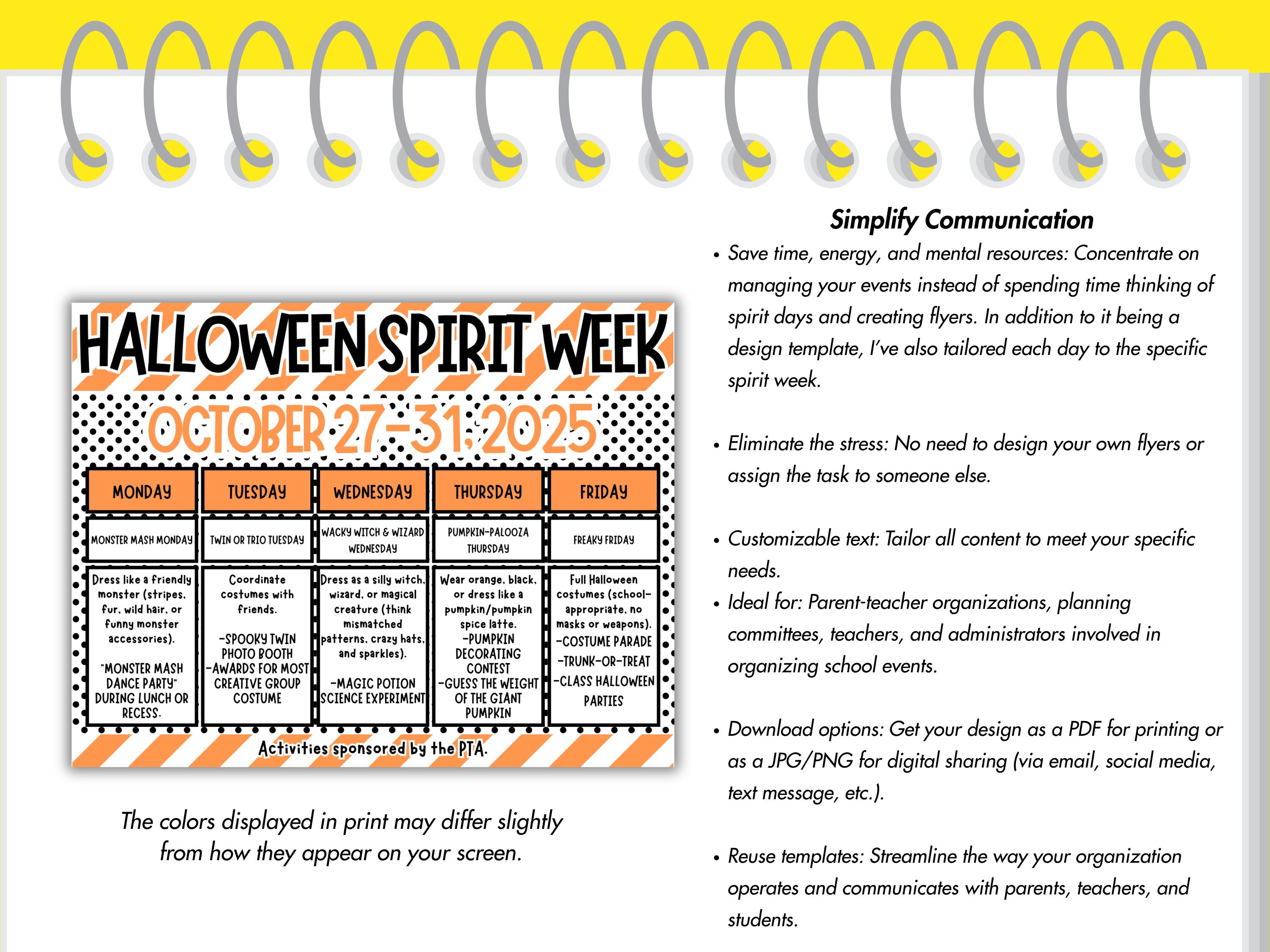 Halloween Spirit Week Flyer Templates Editable Canva PTA PTO School ...