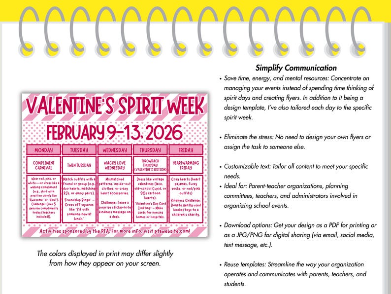 Valentines Spirit Week Flyer Bundle Editable Canva Template PTA PTO ...